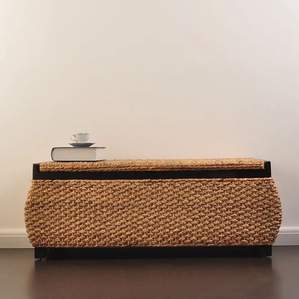 950mm Rustic Storage Bench Flip Top in Rattan Oval | Homary UK