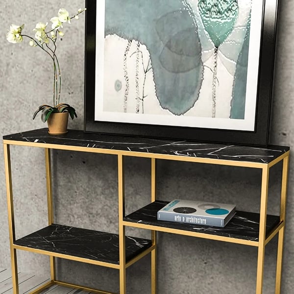 Black Narrow Console Table with Shelves Marble Top & Metal Frame ...