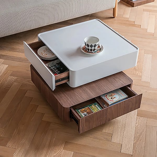 White&Walnut Square Rotating Coffee Table Modern Accent Table with 2 ...