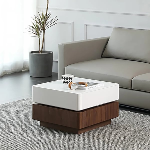 White&Walnut Square Rotating Coffee Table Modern Accent Table with 2 ...
