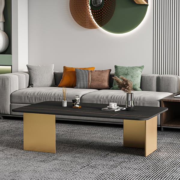 47.2" Black Rectangular Coffee Table with Sintered Stone Top & Metal ...