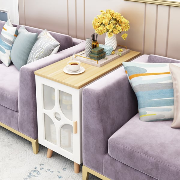 Natural End Table with Shelf & Door Solid Wood Legs-Homary