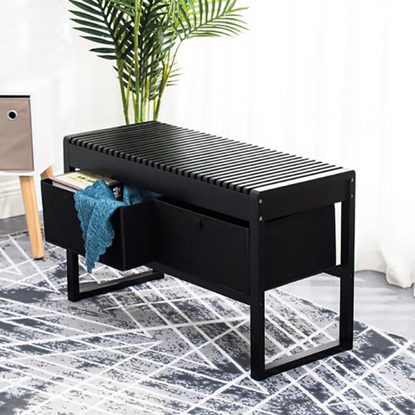 800mm Black Modern Bamboo Storage Bench with 2 Bins-Homary
