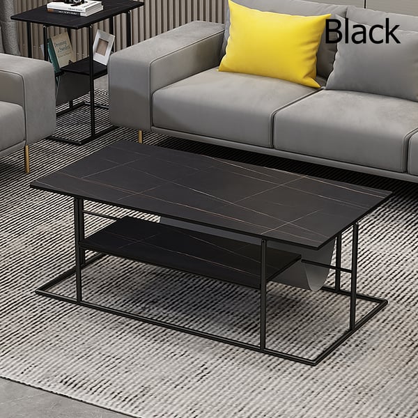 Modern Rectangle Coffee Table with Storage Sintered Stone Top & Metal ...