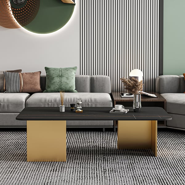 47.2" Black Rectangular Coffee Table with Sintered Stone Top & Metal ...