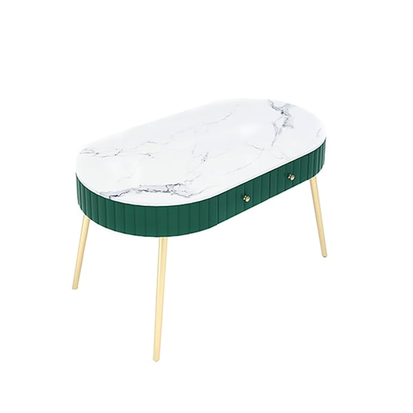 Green Oval Dining Table with Drawer Marble Top & Metal Legs | Homary