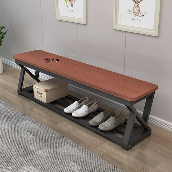 Walnut Modern Solid Wood Storge Bench with Black Legs-Homary