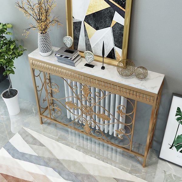 White Narrow Console Table with Marble Top Hollowed Metal Frame-Homary