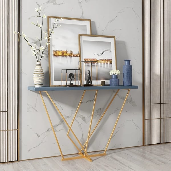 Blue Narrow Console Table Gold Finish Entryway Table-Homary