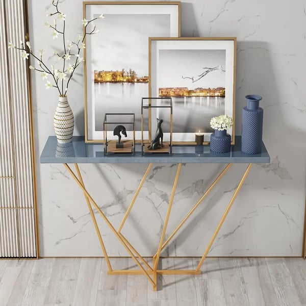 Blue Narrow Console Table Gold Finish Entryway Table-Homary