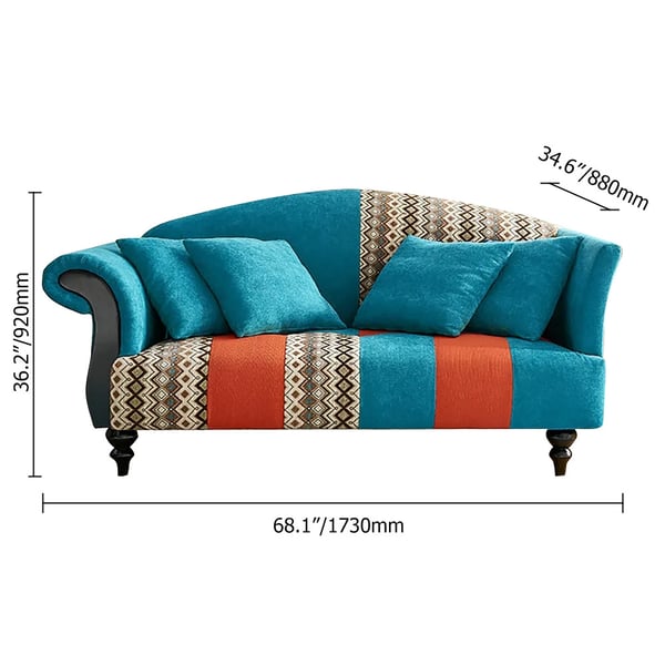 1980mm Deep Blue Rolled Arm Sofa 3-Seater Cotton & Linen Upholstery ...