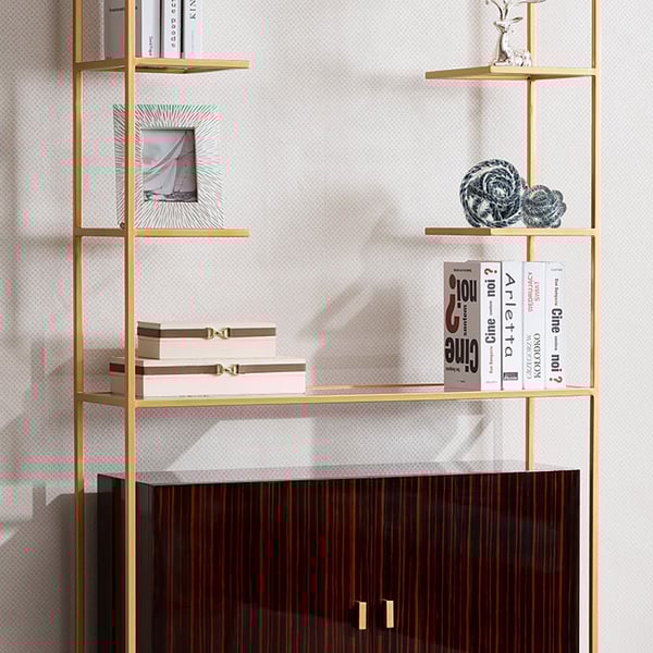 76.8" Dark Red Book Shelf 2-Door 5-Shelf Book Cabinet Gold Metal Frame ...