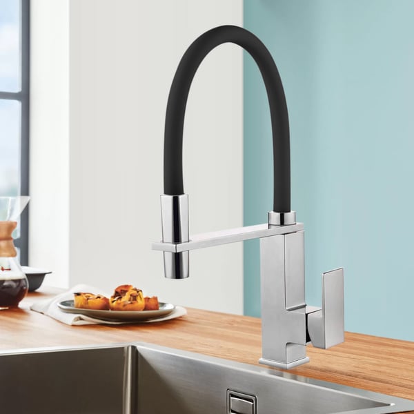 Polished Chrome and Black Single Lever Handle Kitchen Tap Monobloc ...