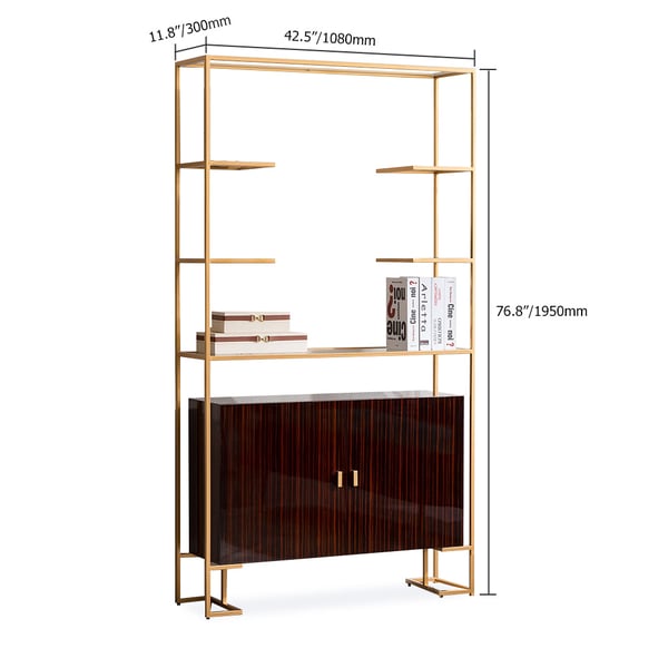76.8" Dark Red Book Shelf 2-Door 5-Shelf Book Cabinet Gold Metal Frame ...