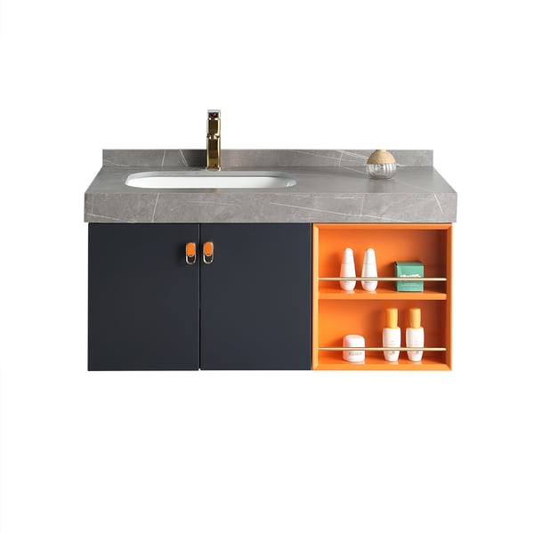 39.4" Black & Orange Floating Bathroom Vanity Sintered Stone Top ...