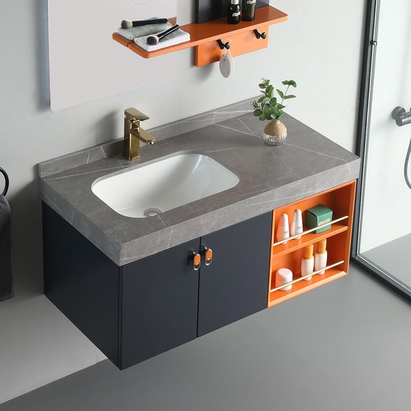 39.4" Black & Orange Floating Bathroom Vanity Sintered Stone Top ...