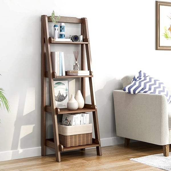 Wooden Walnut 4-Tier A-Frame Shelf Standing Bookshelf-Homary