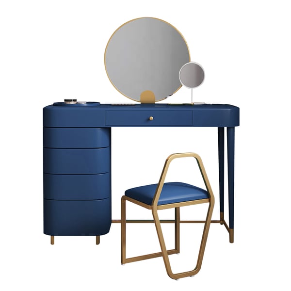 Blue Wood and Metal Makeup Vanity Set with Mirror and Stool | Homary