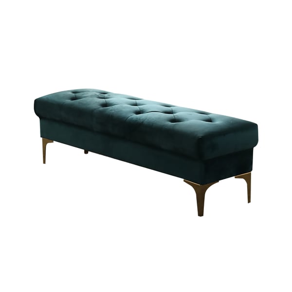 Green Velvet Upholstered Bench Tufted Entryway Bench Metal Leg Gold-Homary