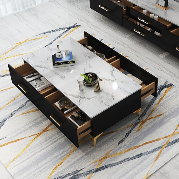 51.2" Rectangular Marble Top Coffee Table with 4 Storage Drawers ...