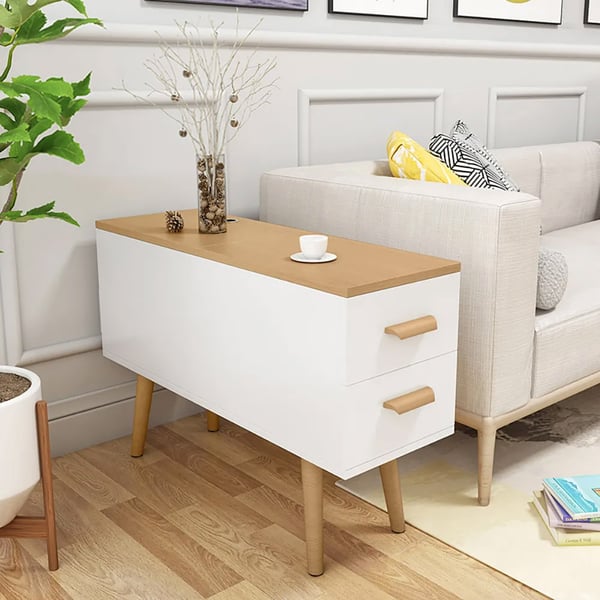 Natural Rectangle End Table with Drawers Modern Sofa Table for Living ...