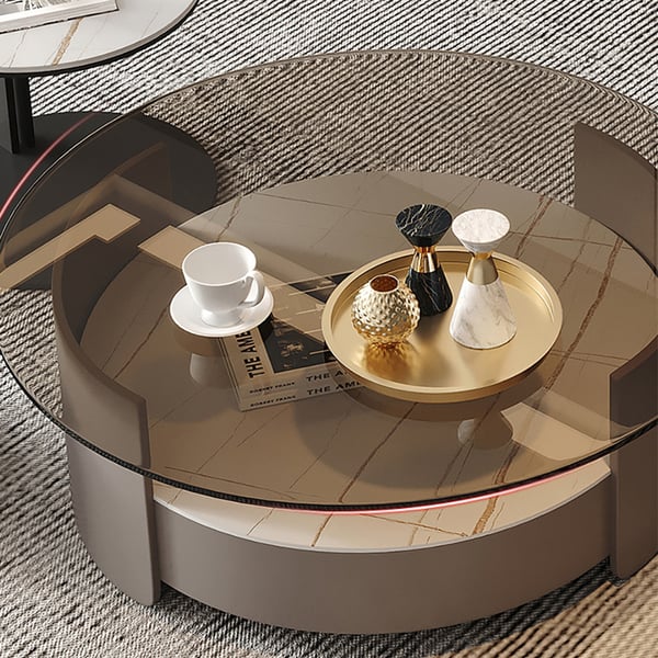 Modernes, rundes Couchtisch-Set aus gehärtetem Glas und Sinterstein mit ...