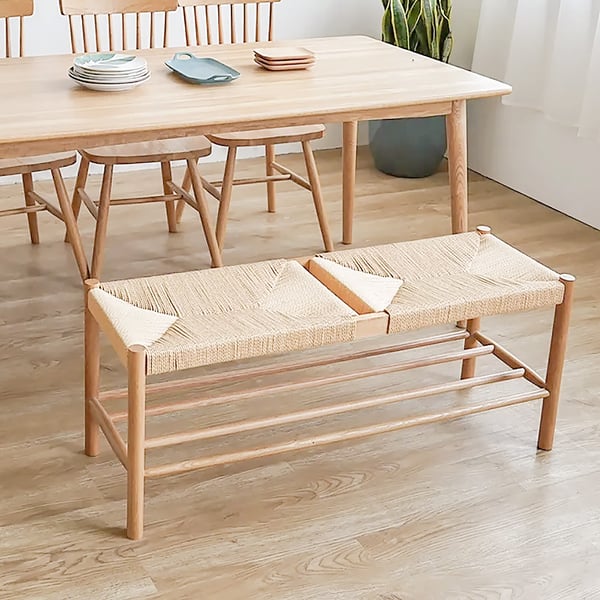 Japandi Natural Dining Room Bench Rattan Bench with Wood Legs-Homary