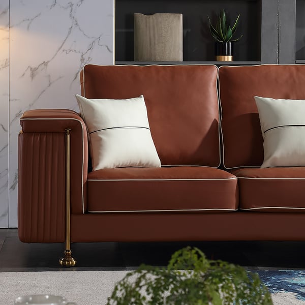 2780mm 4-Seater Brown Vegan Leather Sofa with 4 Stainless Steel Legs ...