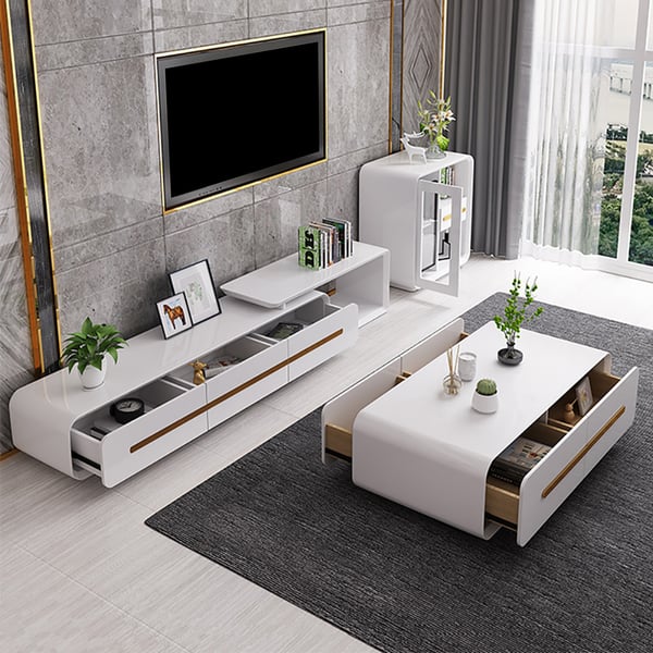 Nordic White Extendable TV Stand with Coffee Table Set of 2 | Homary UK