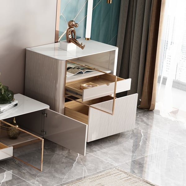 Rectangular Side Cabinet with Drawers & Shelves in White | Homary