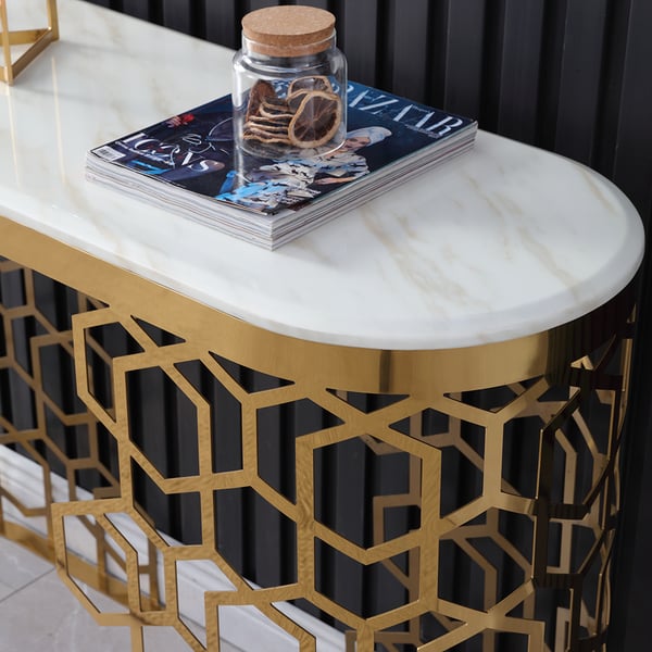 59.1" White Oval Narrow Entryway Table Marble Console Table with Double ...