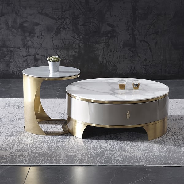 Modern Round White Nesting Coffee Table Set with Sintered Stone Top 2 ...