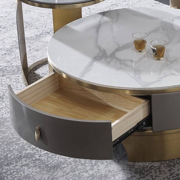 Modern Round White Nesting Coffee Table Set with Sintered Stone Top 2 ...