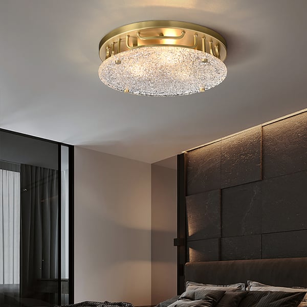 Round 3-Light Flush Mount Ceiling Light Water-ripple Glass with Brass ...