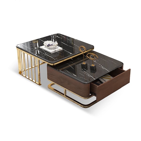 Hergestellter Couchtisch aus Holz und Marmor, Schwarz und Gold, mit ...