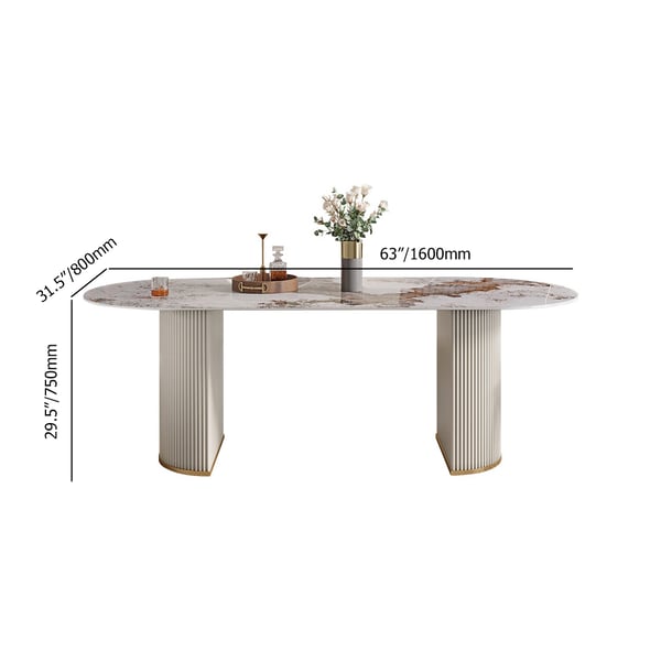 1600mm Modern Oval Marble Dining Table Stainless Steel Double Pedestals ...