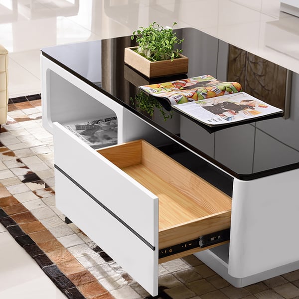 Modern Black Tempered Glass Coffee Table with Storage in Solid Wood ...