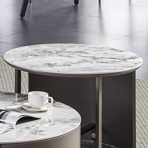 Round White & Bronze Coffee Table with Side Table Set of 2 Furniture ...
