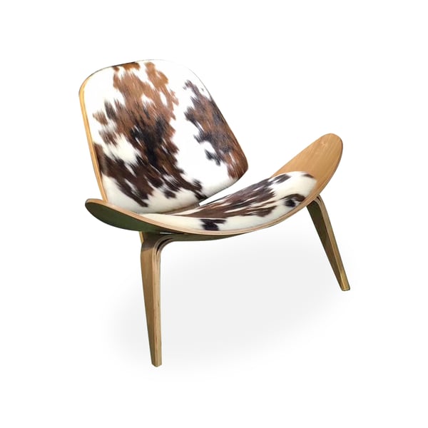 Brown & White Cowhide Lounge Chair with Manchurian Ash Wood Base | Homary