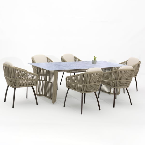 7-Piece Rattan Woven Outdoor Dining Set with Armchair and Glass-top ...