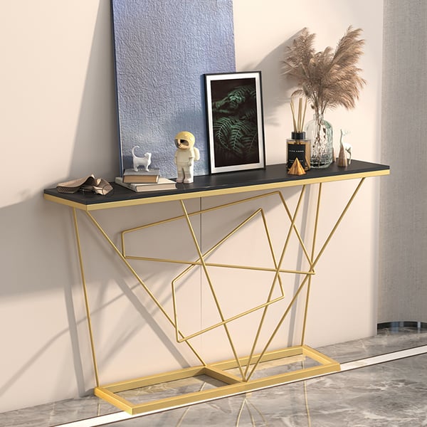 Black Modern Narrow Console Table with Sintered Stone Top & Metal ...