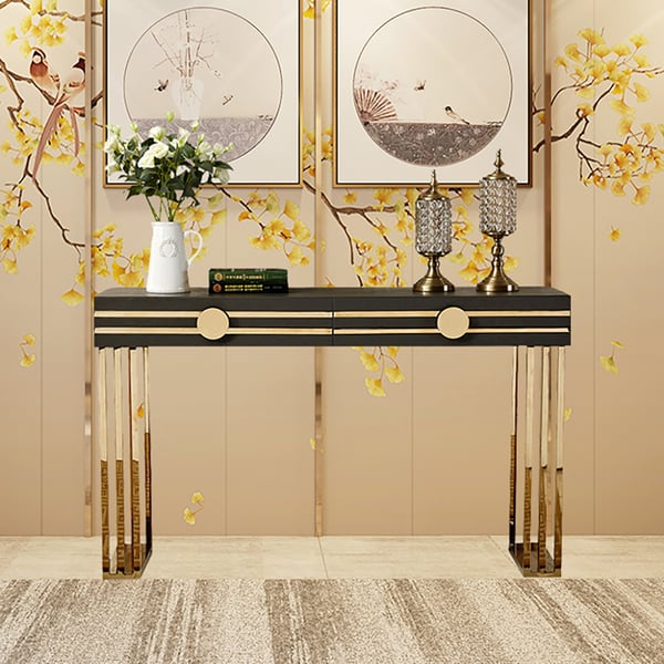 Modern Console Table with Storage Wood Top & Metal Frame | Homary