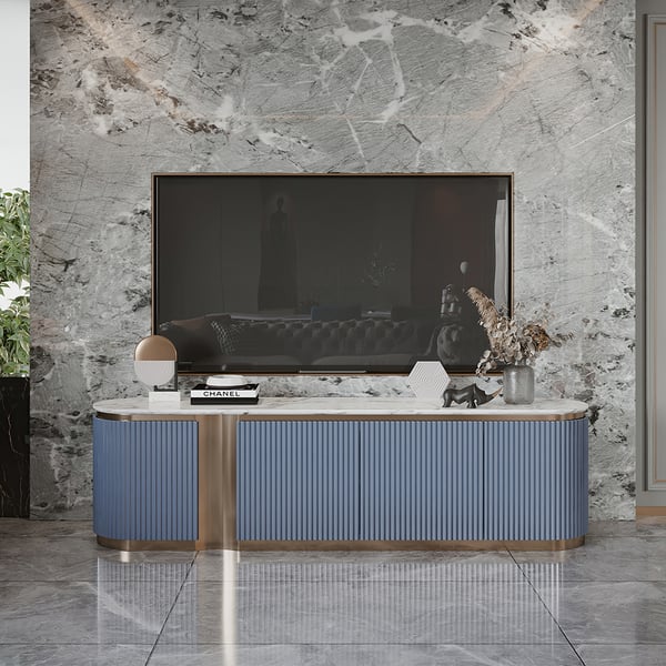 78" Blue Modern Freestanding Faux Marble TV Stand with 4 Doors | Homary