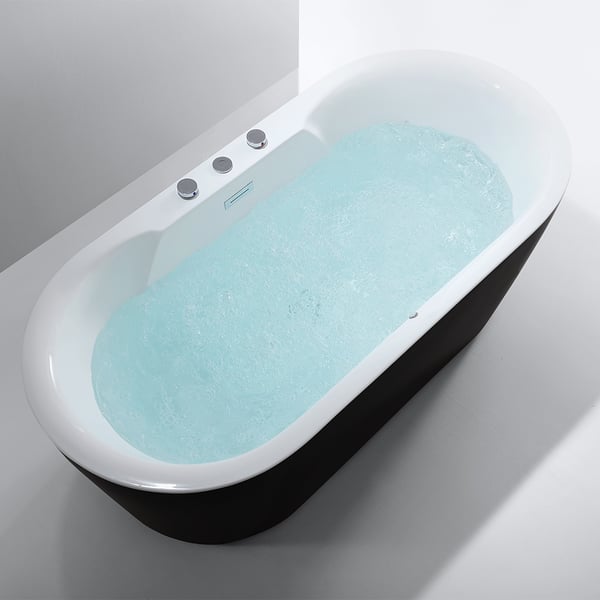 1700mm LED Acrylic Oval Micro Jets Air Bubble Freestanding Bath in White & Black | Homary UK