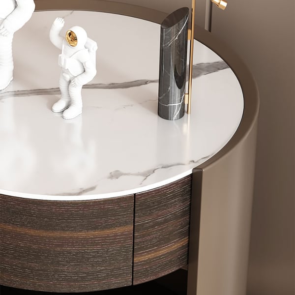 Contemporary Round Sintered Stone Top Nightstand with Drawer & Shelf ...