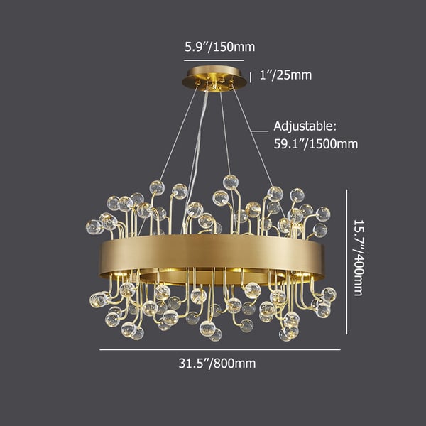 Lustre rond en cristal post-moderne avec cadre en acier inoxydable doré ...