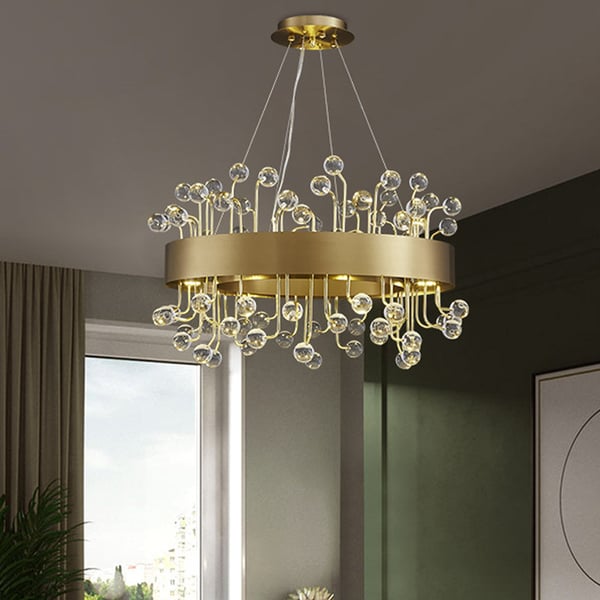 Lustre rond en cristal post-moderne avec cadre en acier inoxydable doré ...