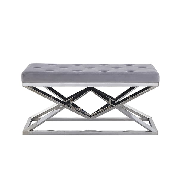 1100mm Grey Modern Velvet Upholstered Bench in Silver Base Entryway ...