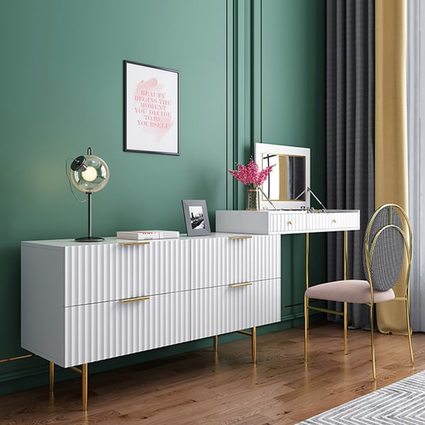 Modern White MDF Makeup Vanity with Side Table & Mirror | Homary