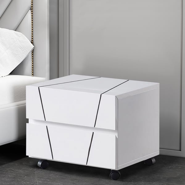 Modern White MDF Nightstand with 2 Drawers with Wheels | Homary